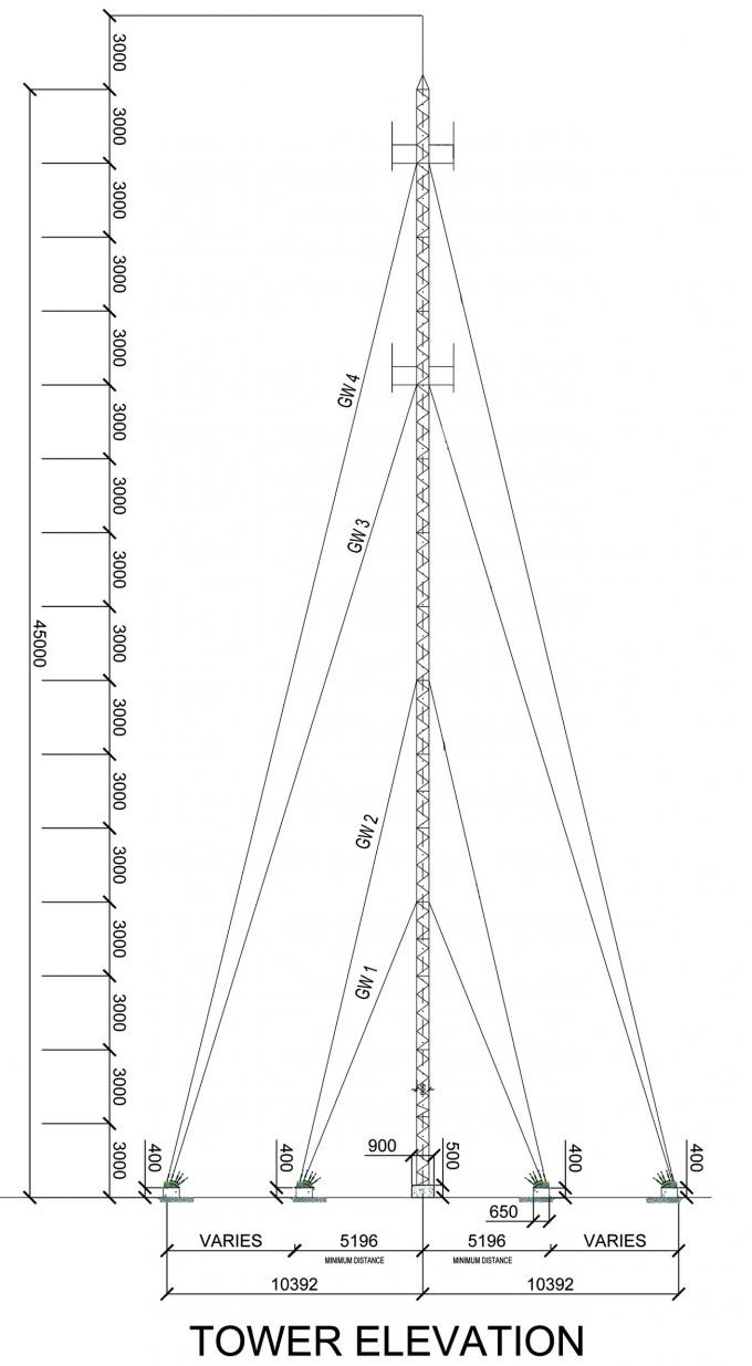4 Leg High Angular Guyed Wire Towers 55m For GSM 5G Antennas